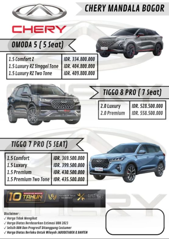 Pricelist Mobil Chery OTR Bogor – Agustus 2023 | Dealer Chery Bogor